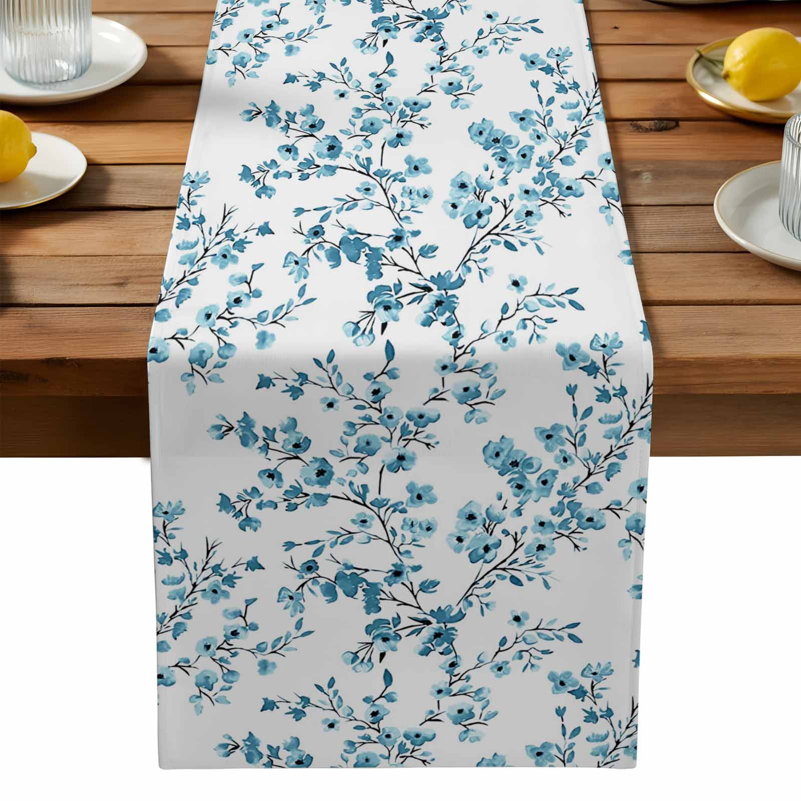Blue Floral Table Runner, Watercolor Flower Leaves Bud Kitchen Table ...