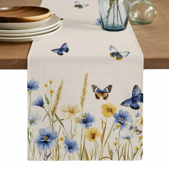 Blue Floral Table Runner, Yellow Flower Butterflies Country Plant ...