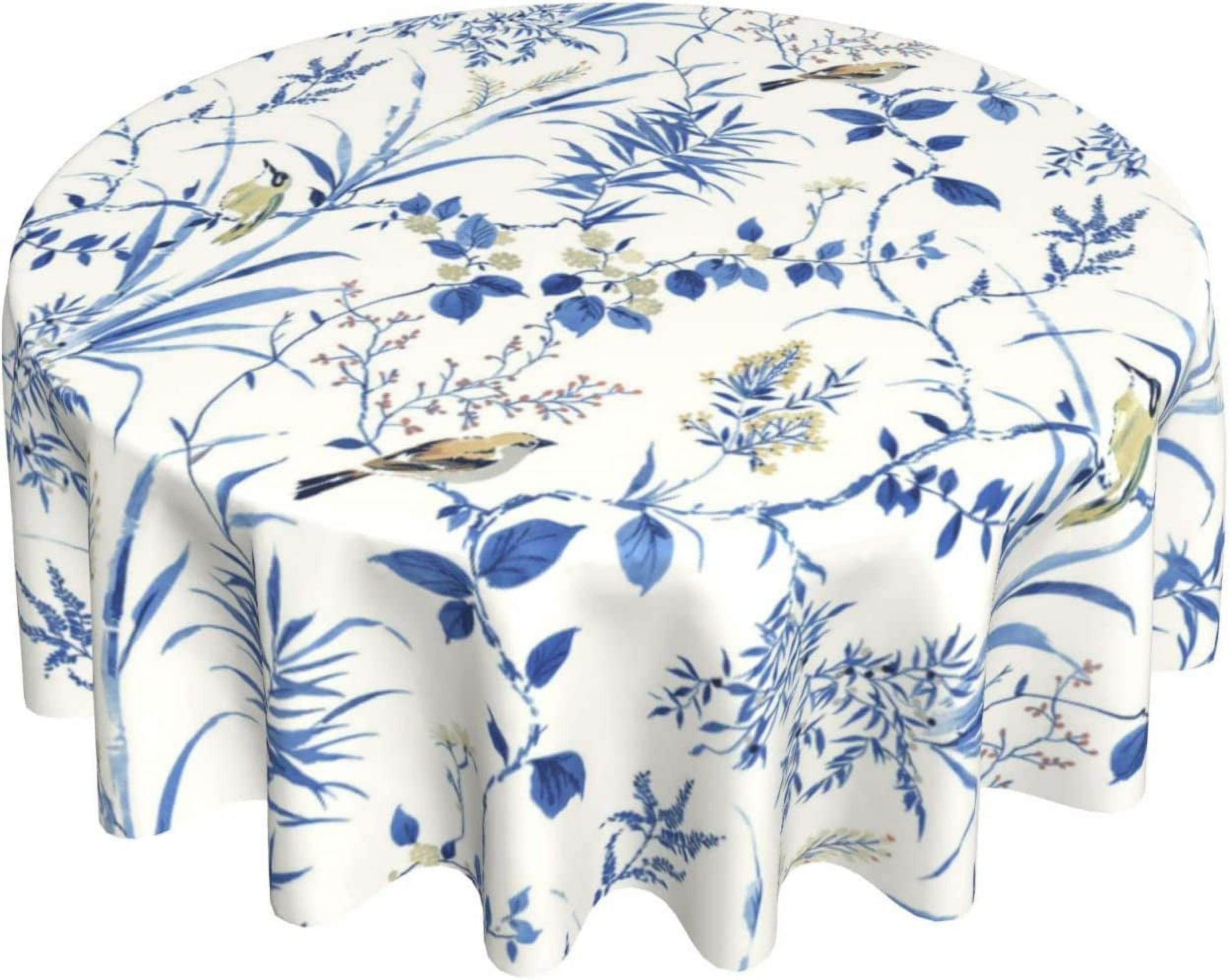 Blue Floral Tablecloth 60 Inch Round Wrinkle Free Flower Tablecloth ...