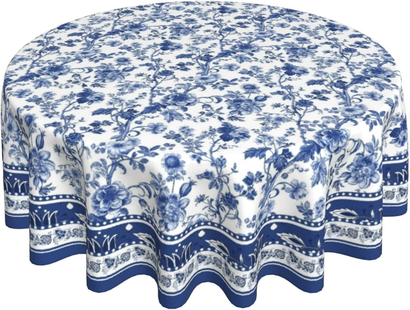 Blue Floral Tablecloth Round 60 Inch Vintage Blue and White Floral ...