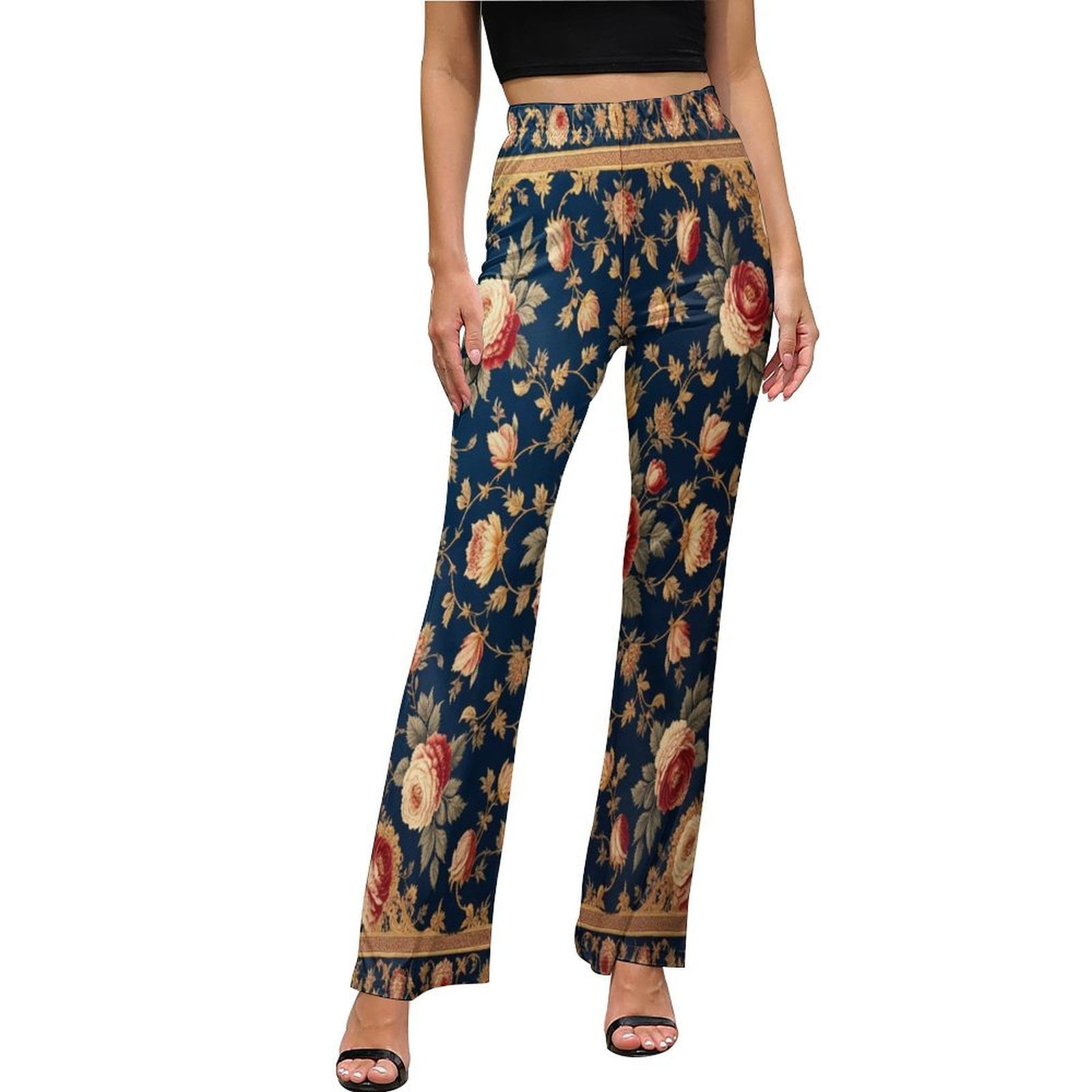 Blue Floral Tapestry High Waisted Casual Flared Trousers Summer Home ...