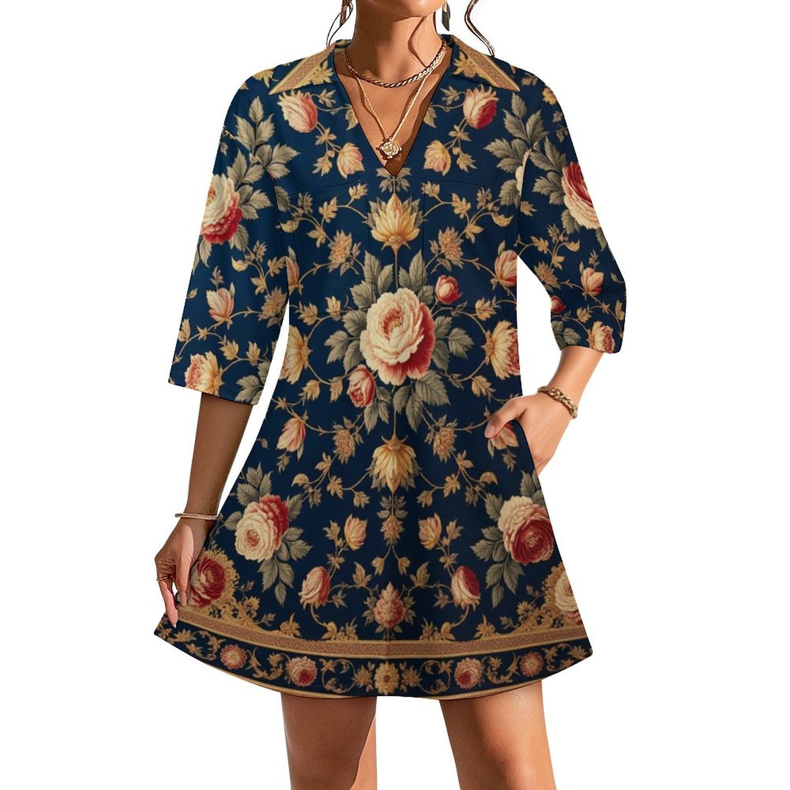 Blue Floral Tapestry Womens Dress With Pockets Summer V Neck 3/4 Sleeve ...