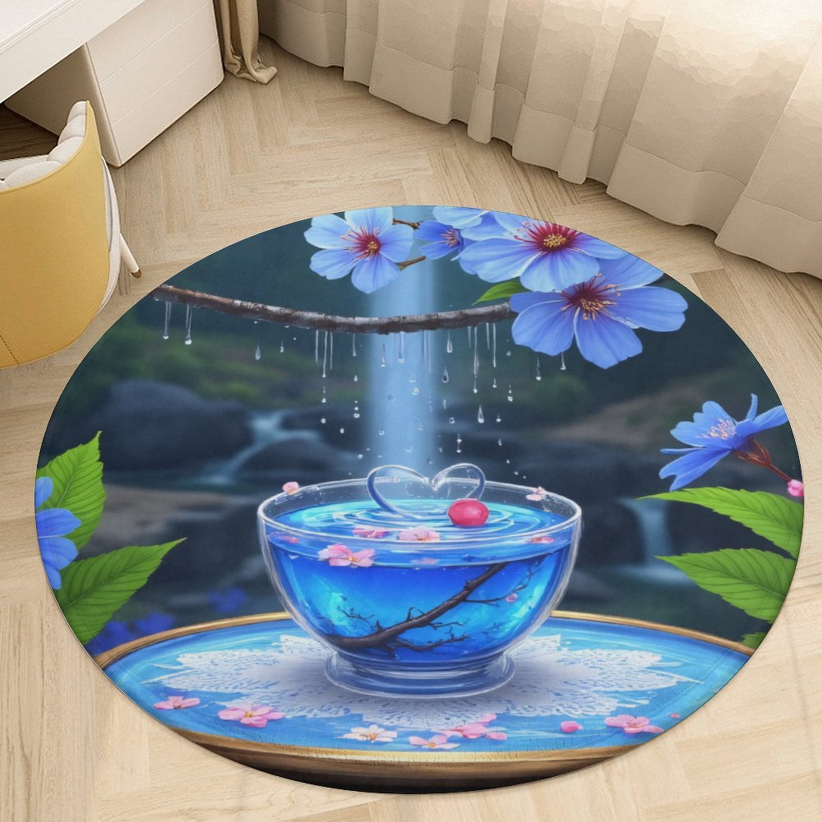 Blue Floral Tea Cup Garden Round Area Rugs for Bedroom Living Room, 6FT ...
