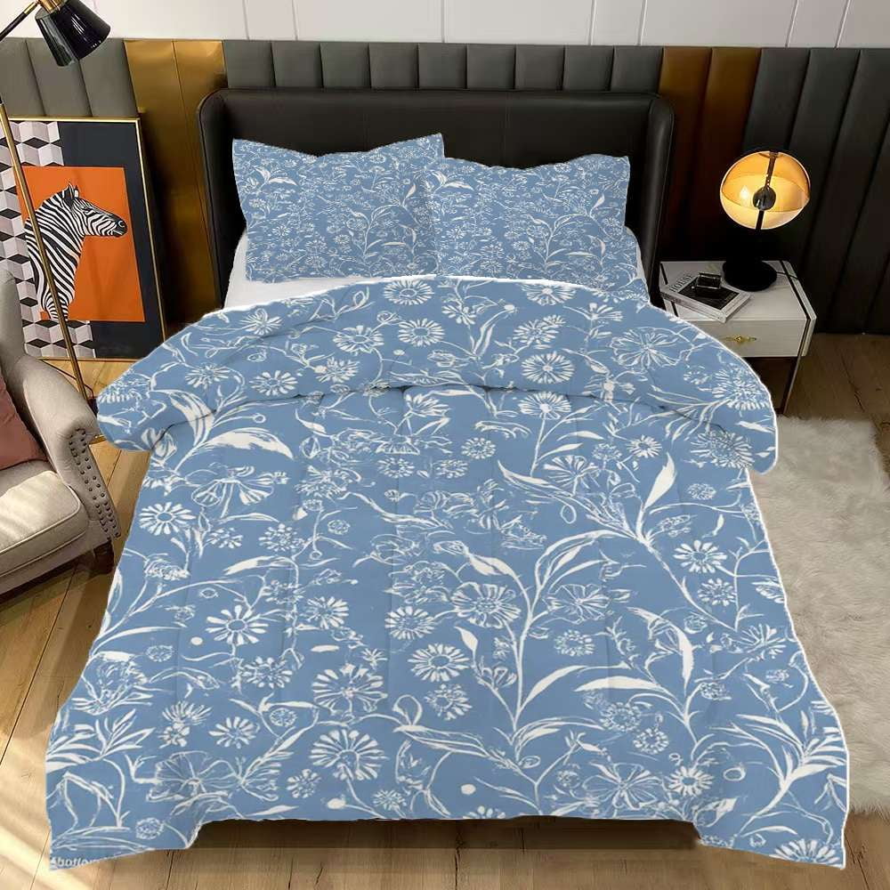 Blue Floral Textile Pattern Design Comforter Set Full Size Bedding Set ...