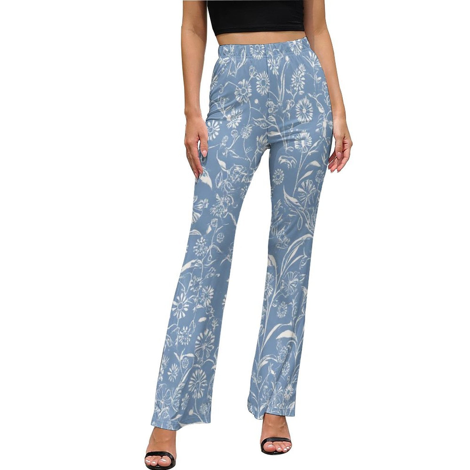 Blue Floral Textile Pattern Design High Waisted Casual Flared Trousers ...