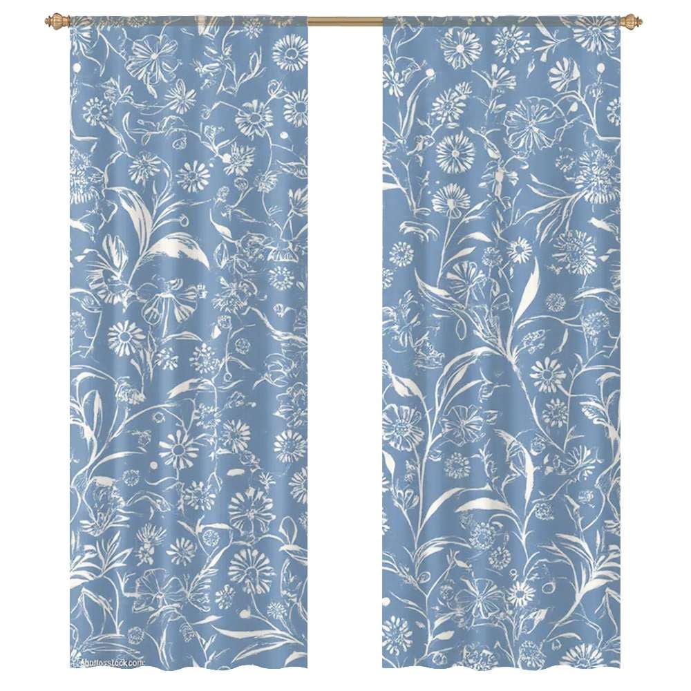 Blue Floral Textile Pattern Design Sheer Window Curtains for Living ...