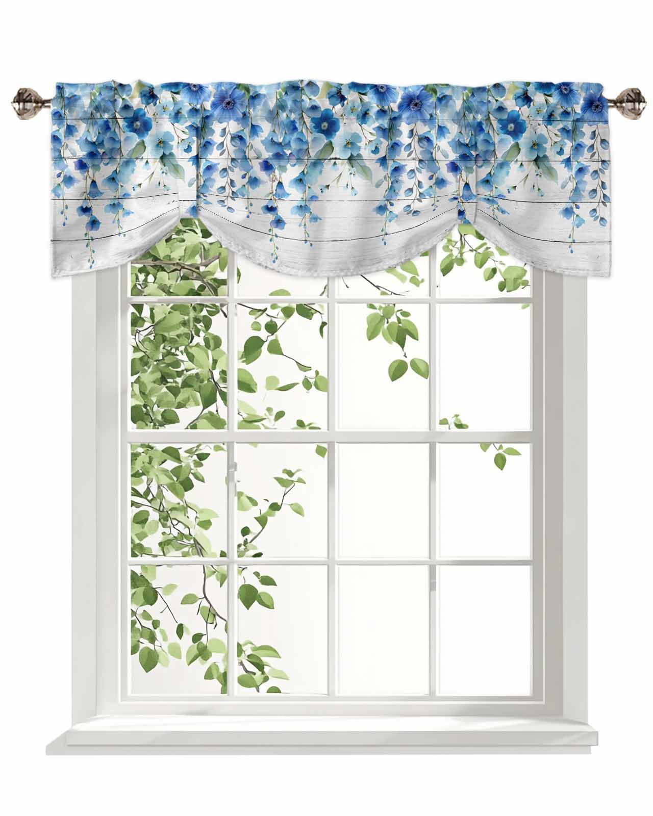 Blue Floral Tie Up Valances Curtain, Adjustable Kitchen Watercolor ...