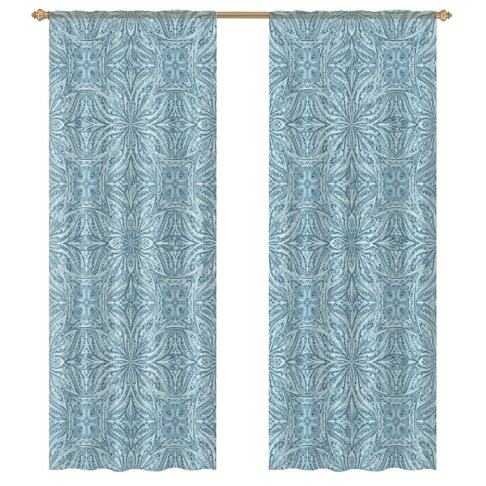 Blue Floral Tile Pattern Modern Tulle Window Curtains for Living Room ...