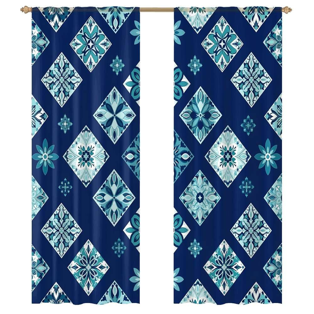 Blue Floral Tile Pattern Tulle Curtains For Living Room Chiffon Sheer ...