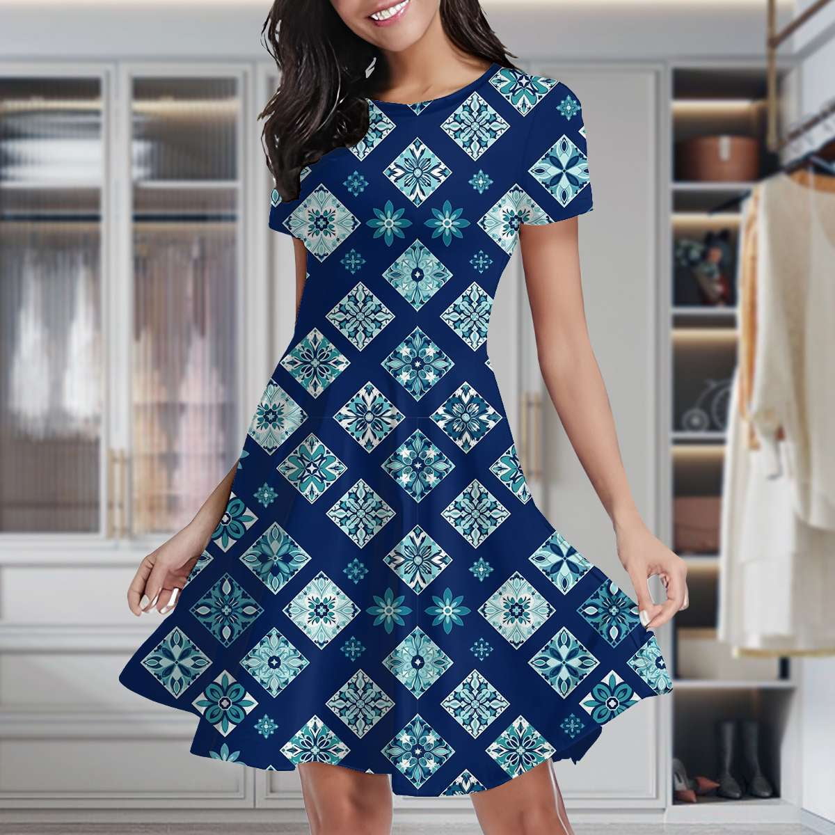 Blue Floral Tile Pattern Women's Classic Swing Skater Dress Casual Work ...