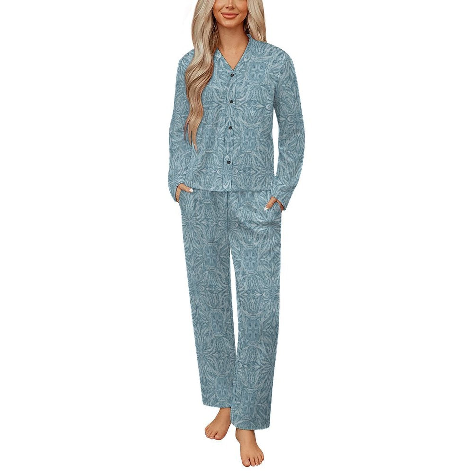 Blue Floral Tile Pattern Womens Pyjamas Set Button Up Pyjamas Womens ...