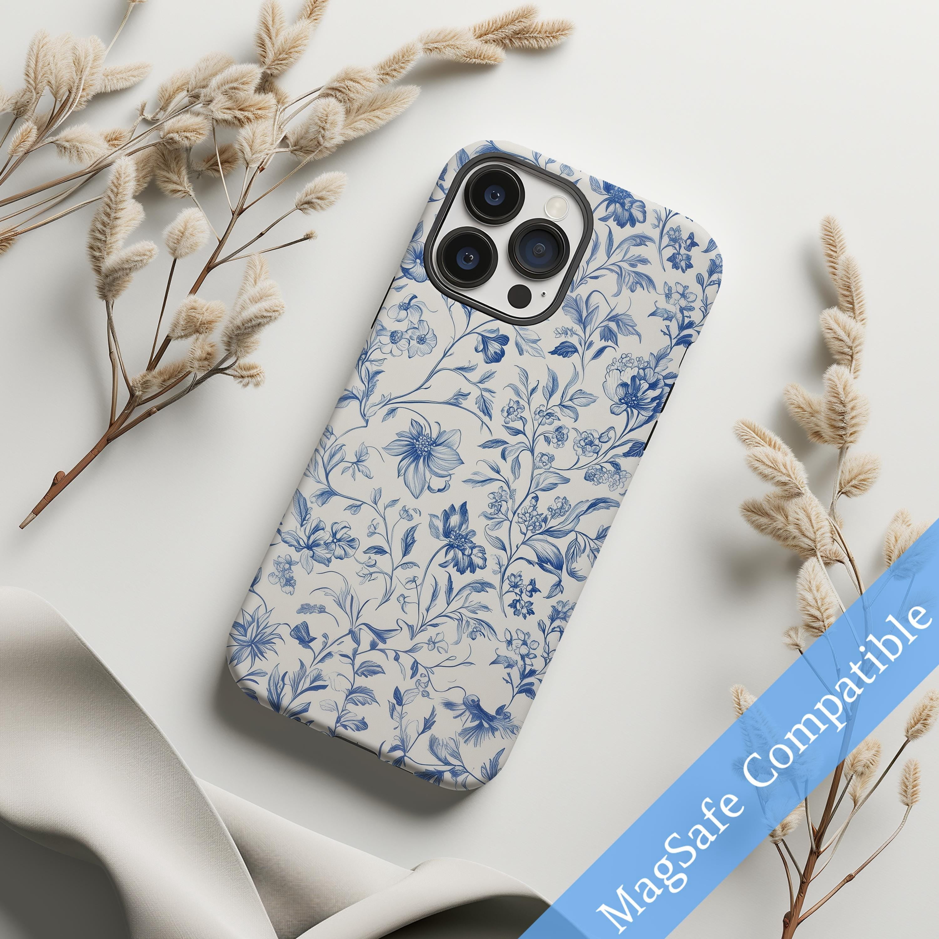 Blue Floral Toile De Jouy Phone Case For iPhone Samsung Pixel Slim Hard ...