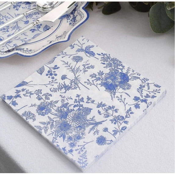 Blue Floral Toile Disposable Paper Dinner Napkins Fancy Party Napkin ...