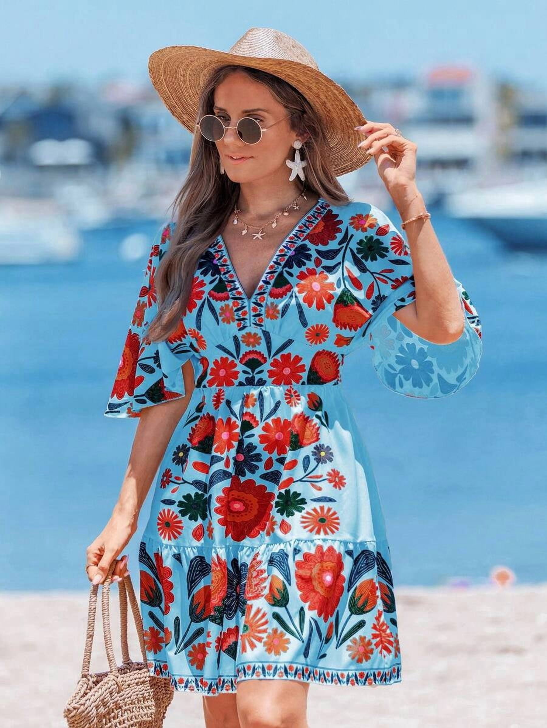 Blue Floral V-Neck A-Line Dress With Ruffle Hem And Flare Sleeves For ...