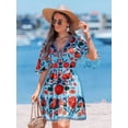 Blue Floral V-Neck A-Line Dress With Ruffle Hem And Flare Sleeves For ...