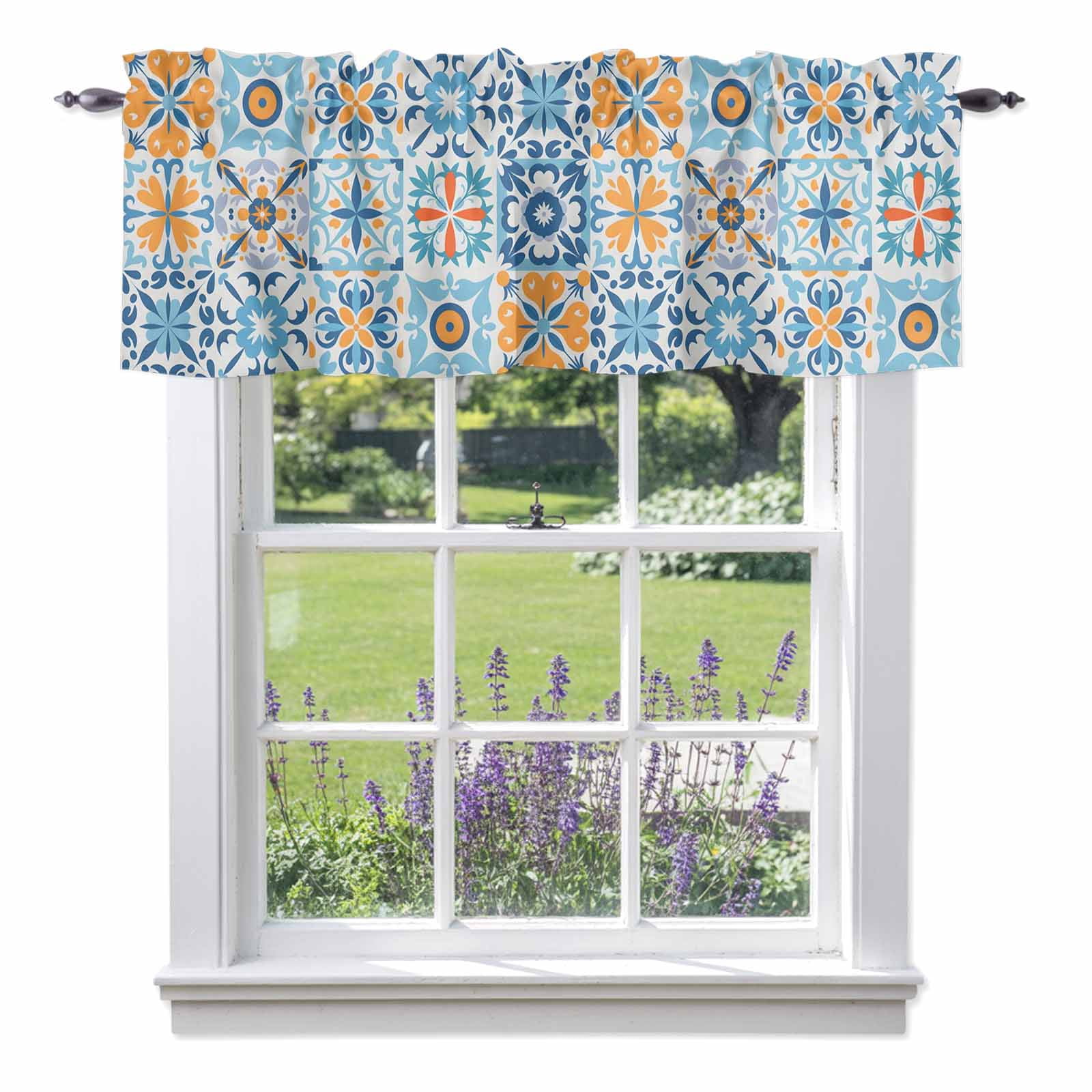 Blue Floral Valance Curtain for Windows Vintage Mediterranean Tile ...