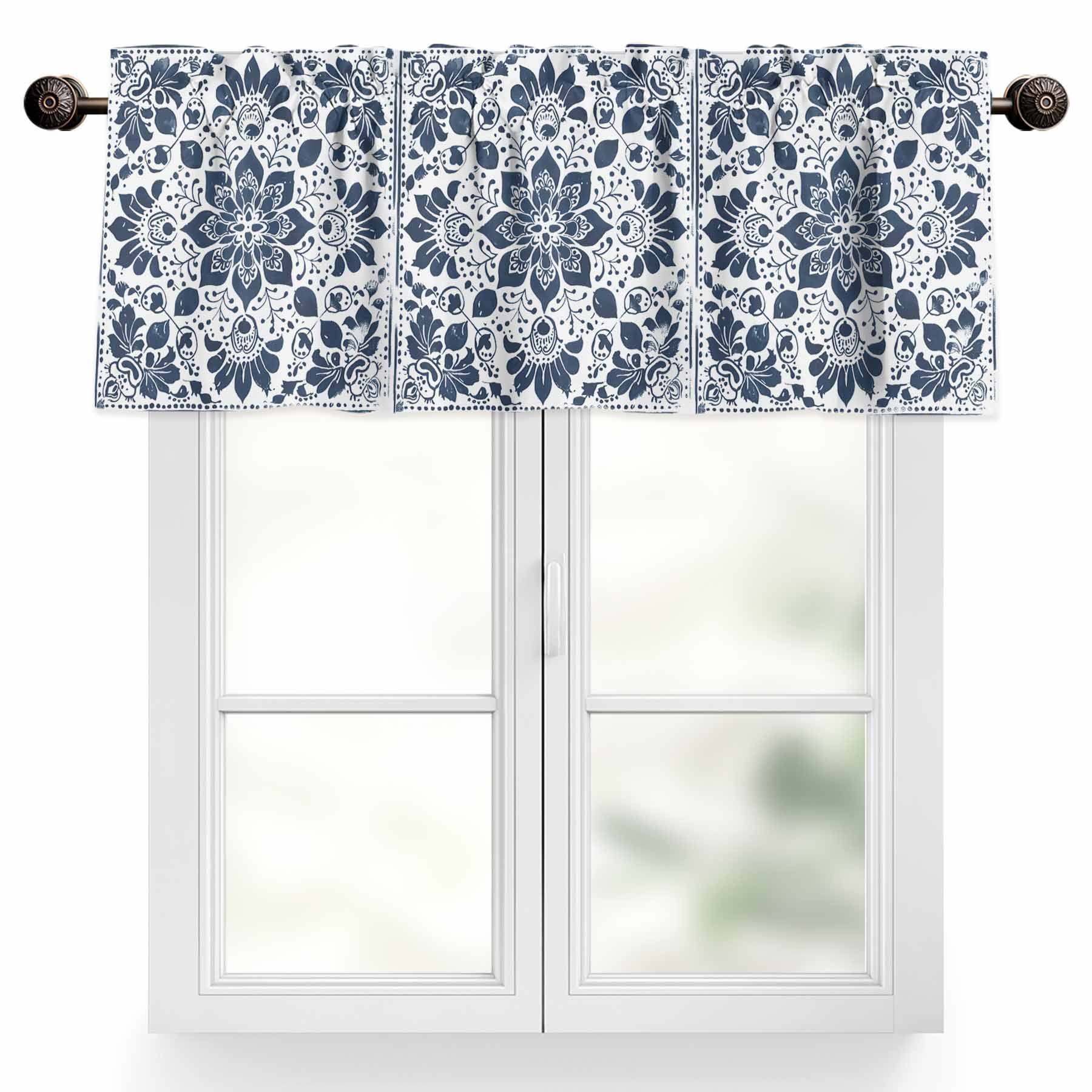 Blue Floral Valances for Windows, 42 x 12in, Pattern Leaves Geometric ...