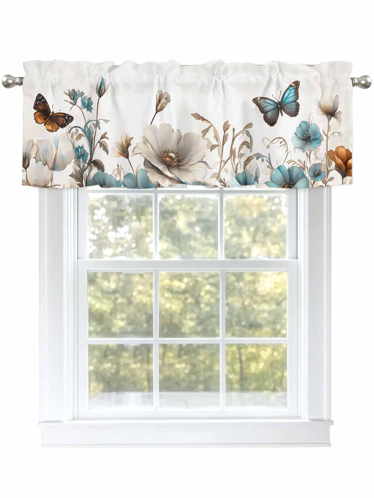 Blue Floral Valances for Windows Butterfly Watercolor Flowers Pastoral ...