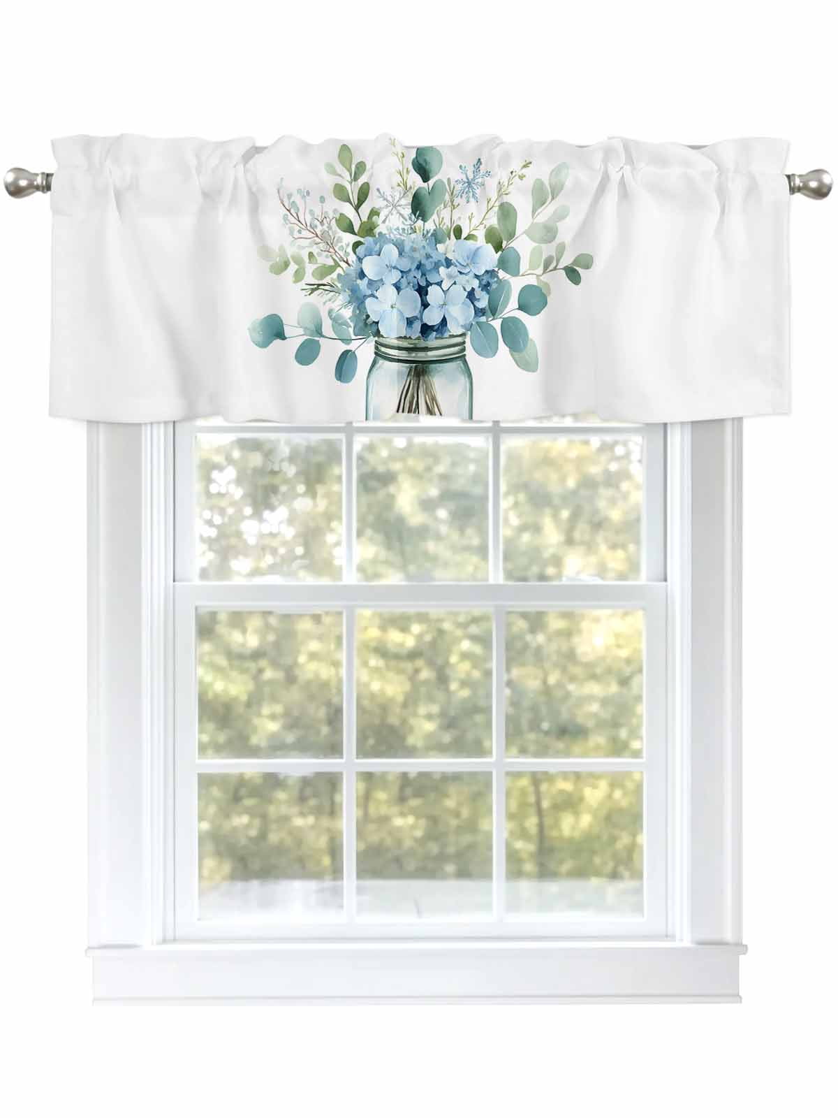 Blue Floral Valances for Windows Pastoral Eucalyptus Leaf Kitchen ...