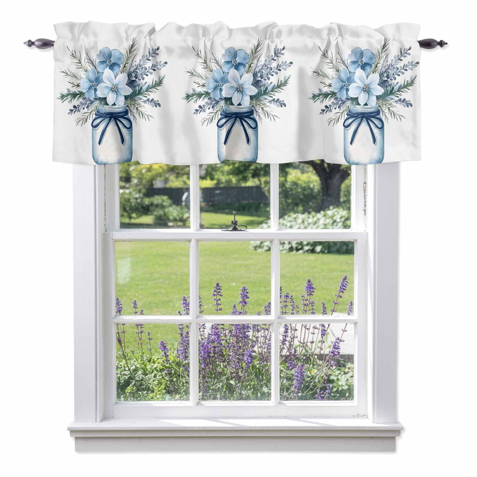 Blue Floral Valances for Windows, Pastoral Eucalyptus Leaf Vase Valance ...