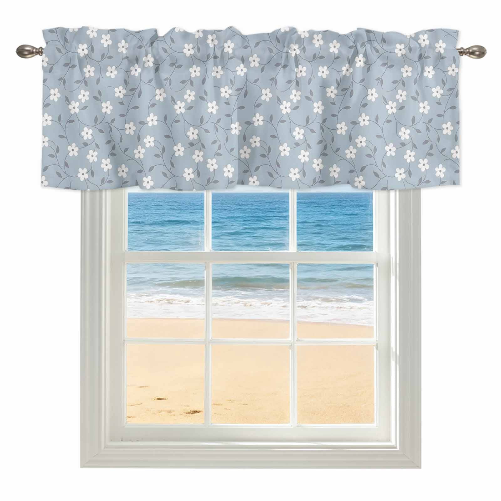 Blue Floral Valances for Windows, Rod Pocket Kitchen Valance Curtains ...