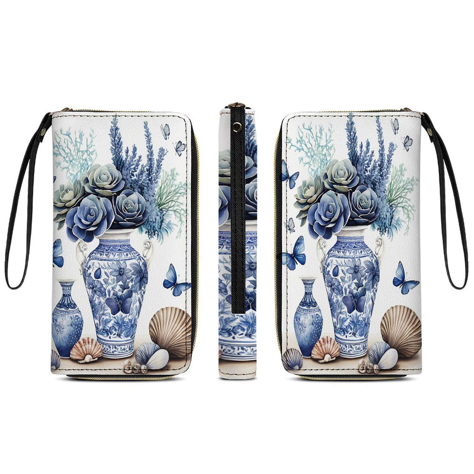 Blue Floral Vase Set Long Wallets For Women PU Leather Purse Card ...