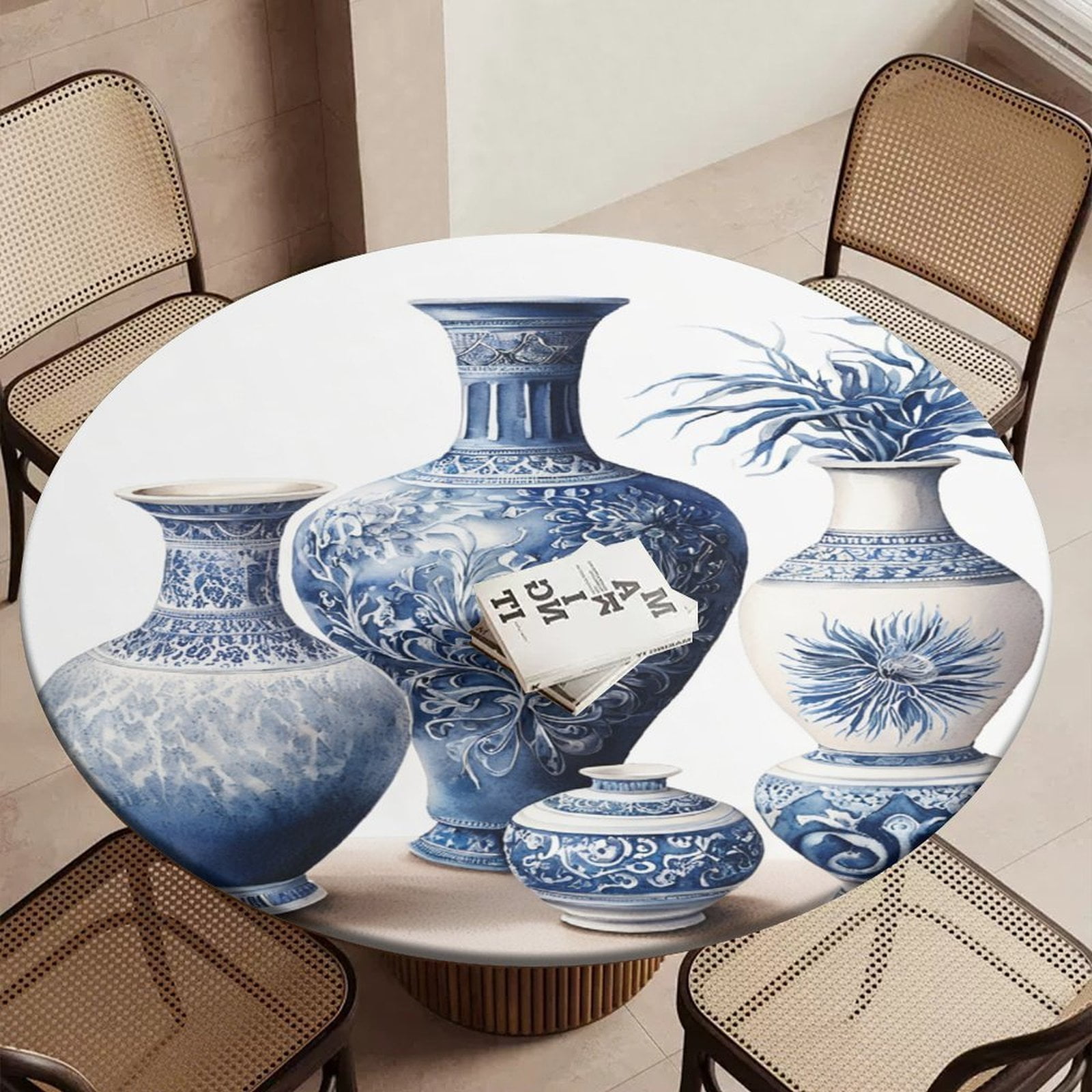Blue Floral Vase Set Round Table Cover Kitchen Printed Waterproof ...
