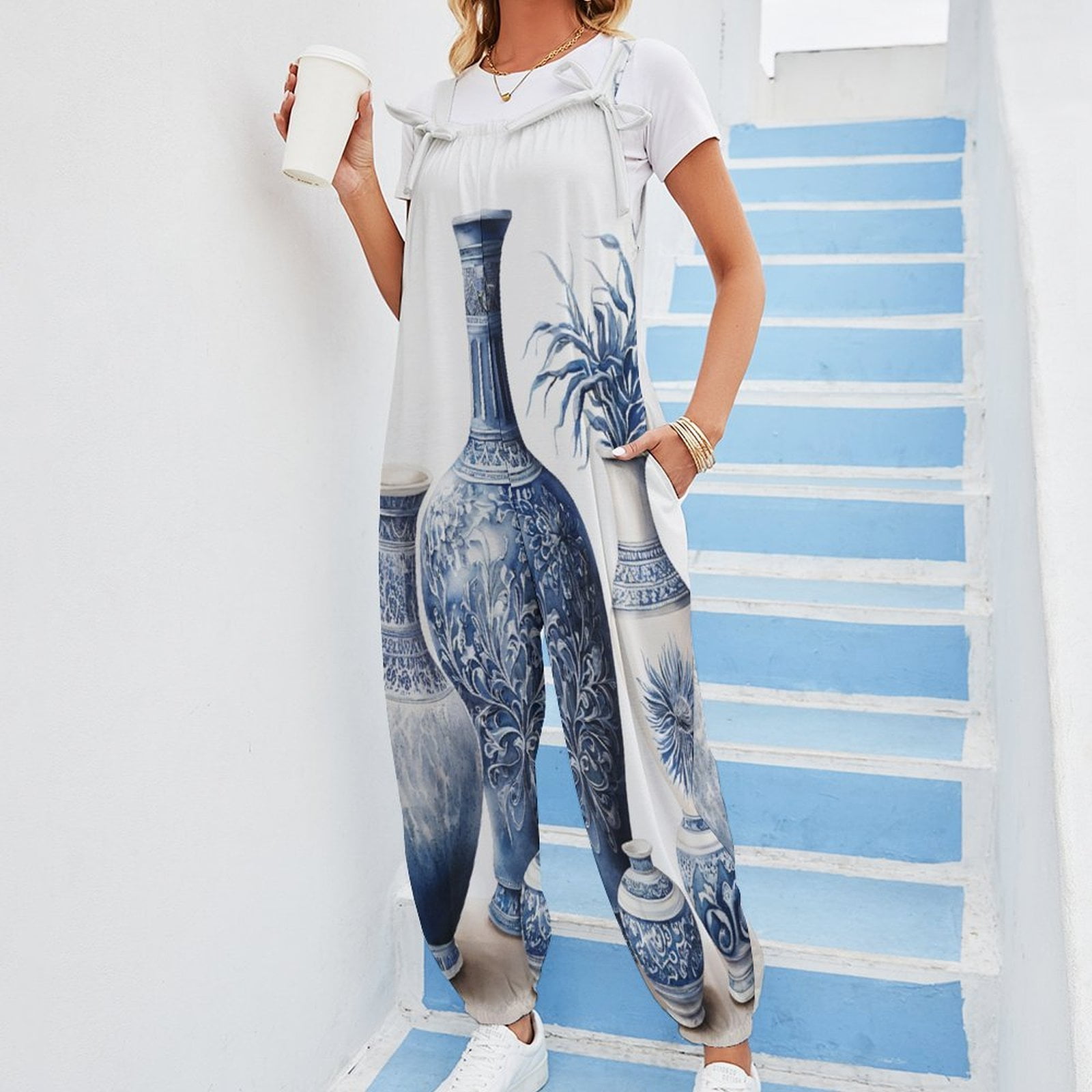 Blue Floral Vase Set Womens Casual Baggy with Pockets Trousers Casual ...