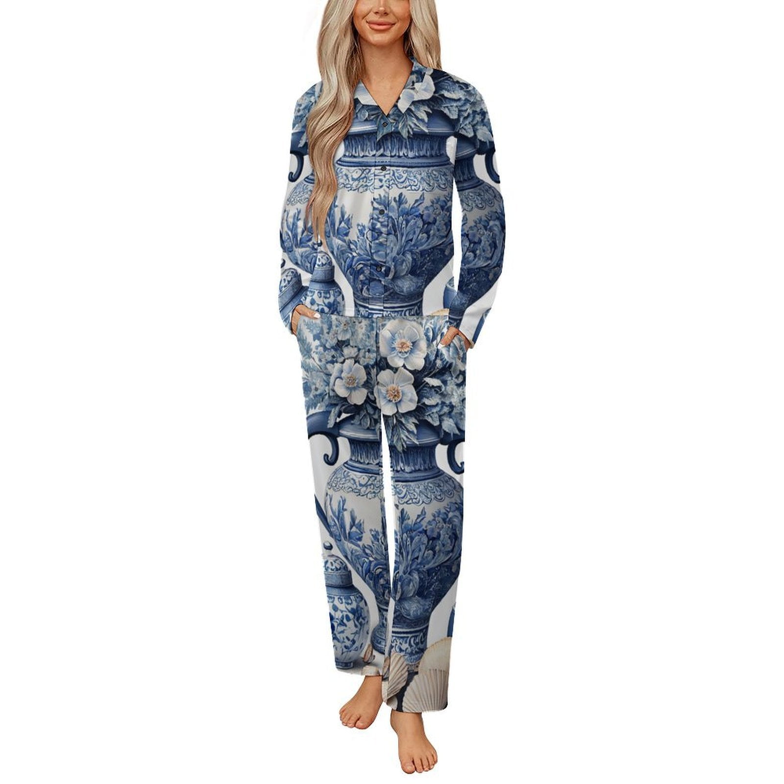 Blue Floral Vase Set Womens Pyjamas Set Button Up Pyjamas Womens with ...