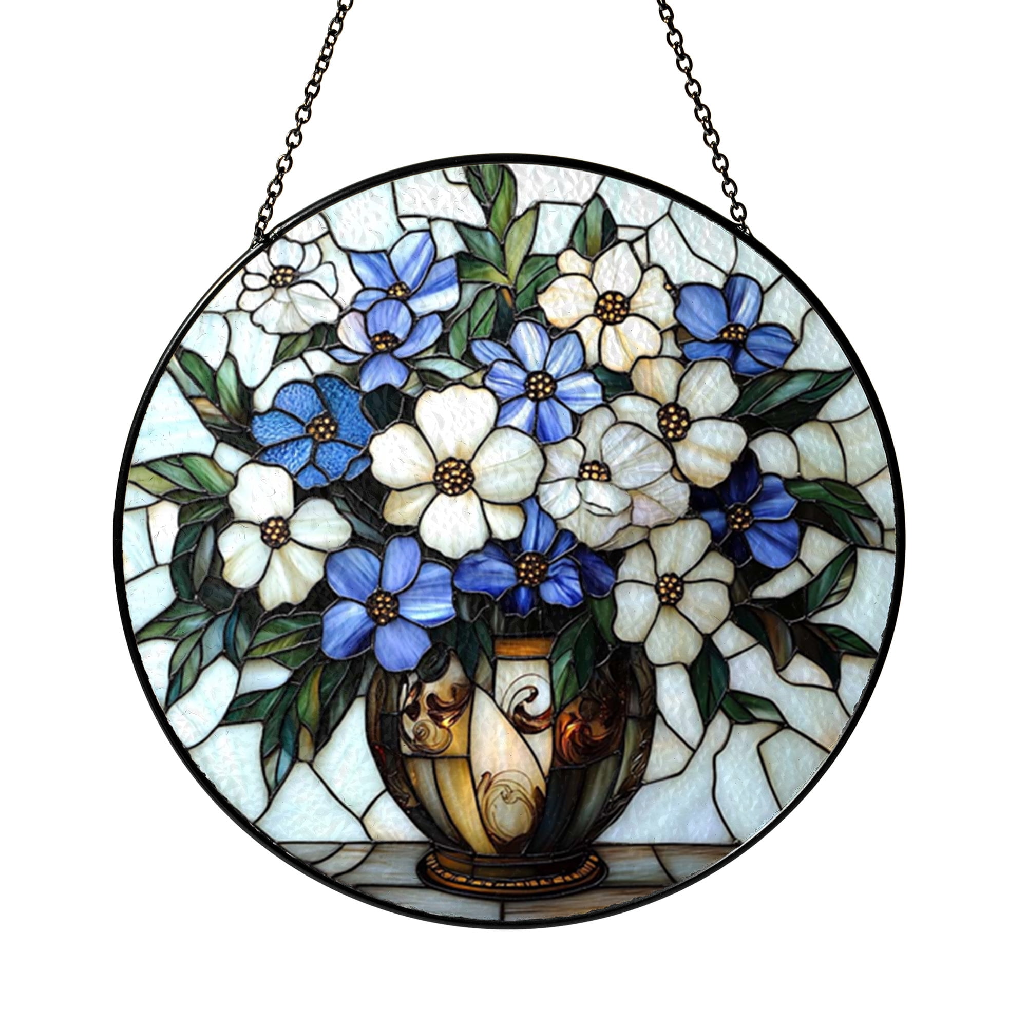 Blue Floral Vase Stained Glass Style Suncatcher Window Hanging Decor ...