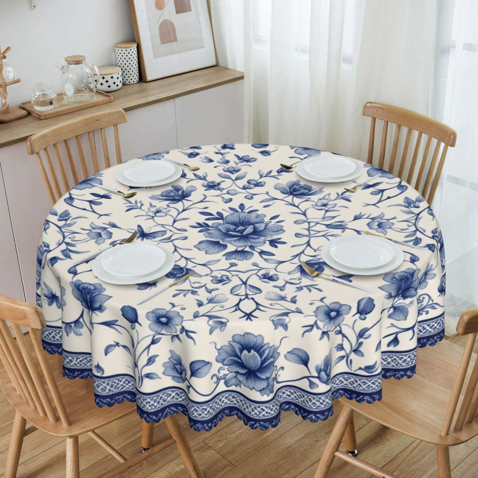 Blue Floral Vine Butterfly Round Tablecloth Waterproof Oil-Proof ...