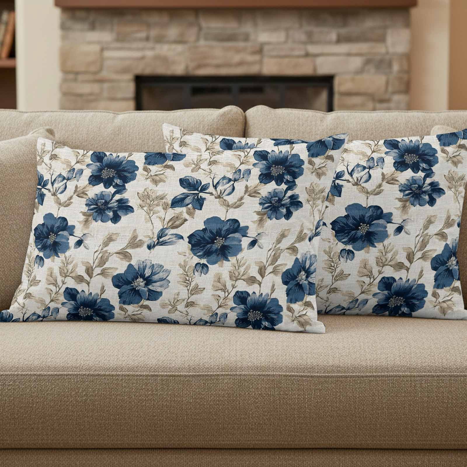 Blue Floral Vintage Pillow Covers Set of 2, Watercolor Botanical Leaf ...