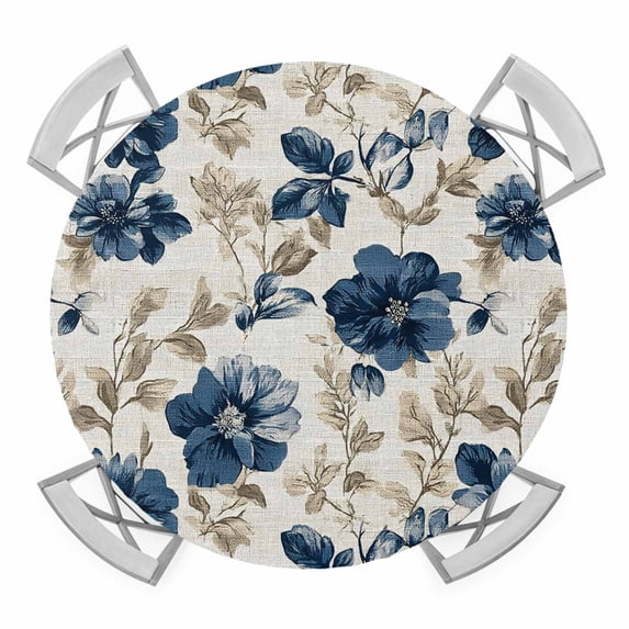 Blue Floral Vintage Round Table Cover, Watercolor Botanical Leaf ...