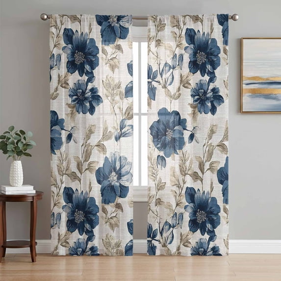 Blue Floral Vintage Sheer Curtains for Living Room Bedroom, Watercolor ...