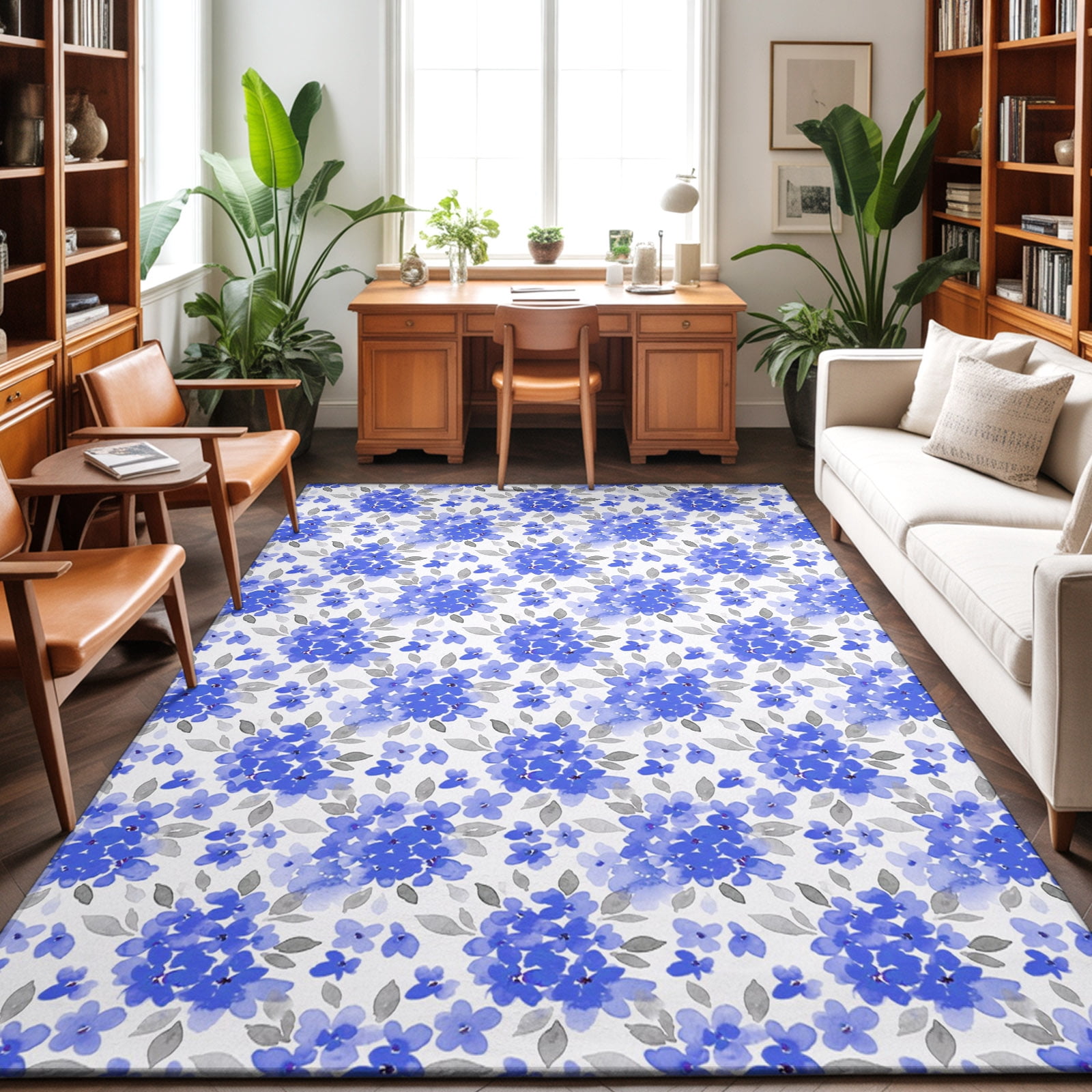 Blue Floral Washable Area Rug 5 x 8 ft Farmhouse Watercolor Flower Leaf ...