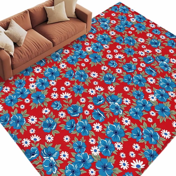 Blue Floral Washable Living Room Rugs 5'x7', Flower Leaves Farmhouse ...