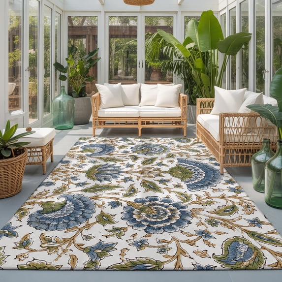 Blue Floral Washable Living Room Rugs 6'x9', Bohemian Country Rustic ...