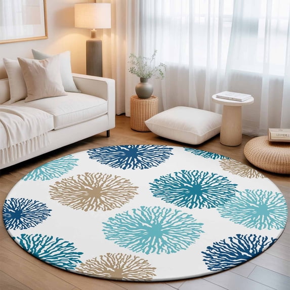 Blue Floral Washable Round Area Rug 3.3 ft, Modern Blue Khaki Dandelion ...