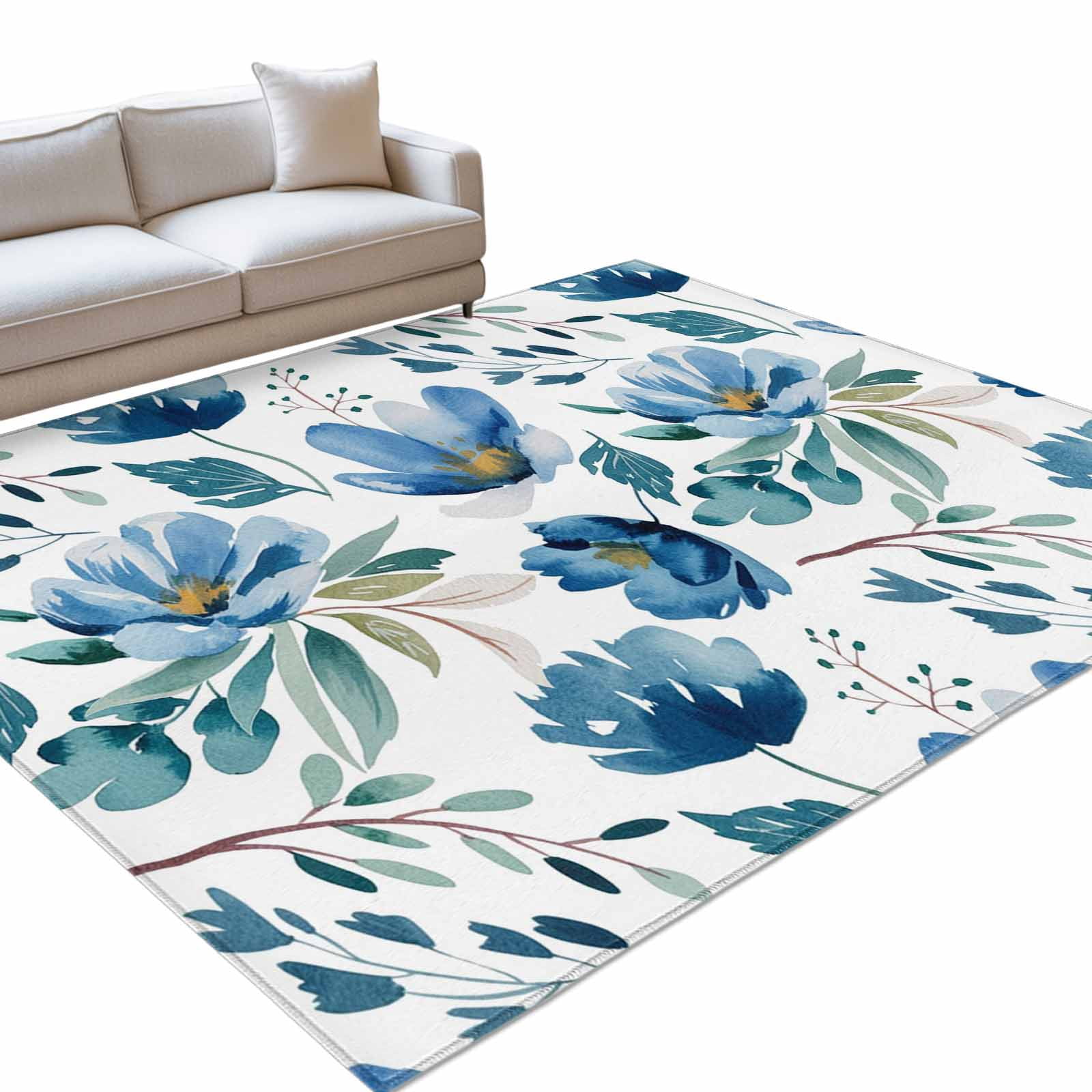 Blue Floral Washable Rug 5x8 Area Rug for Living Room Bedroom Non Slip ...