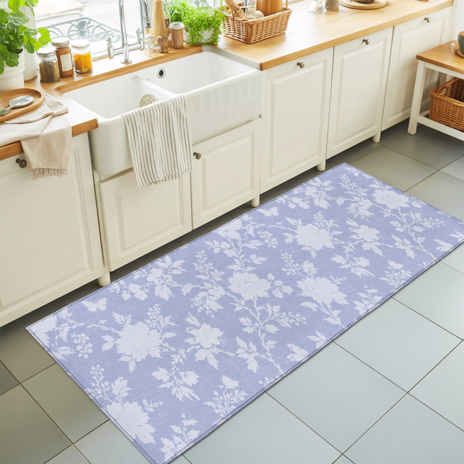 Blue Floral Washable Runner Rugs 2'x6', Country Vintage Pastoral ...