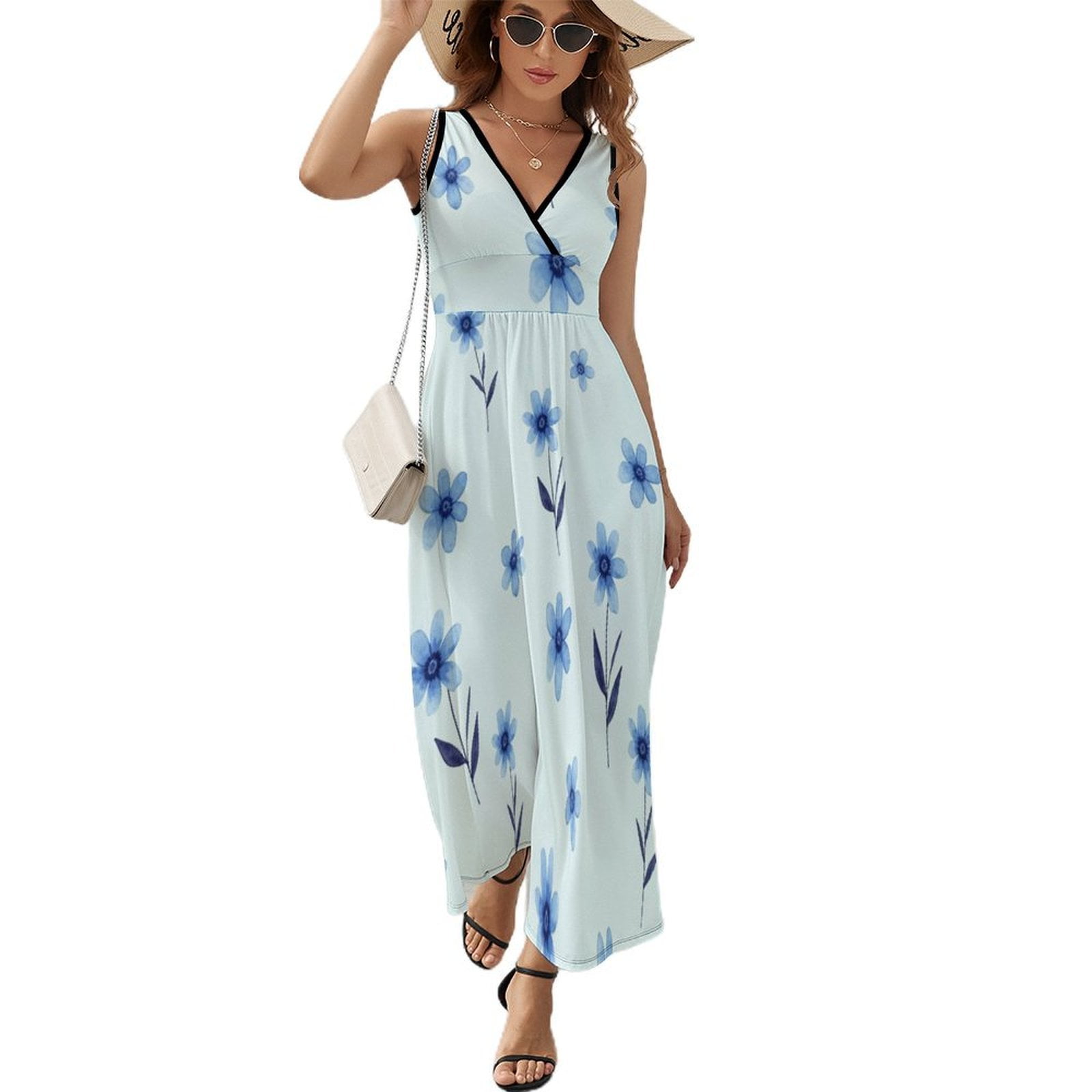 Blue Floral Watercolor Pattern Dress Fashion Boho Beach Long Dresses ...