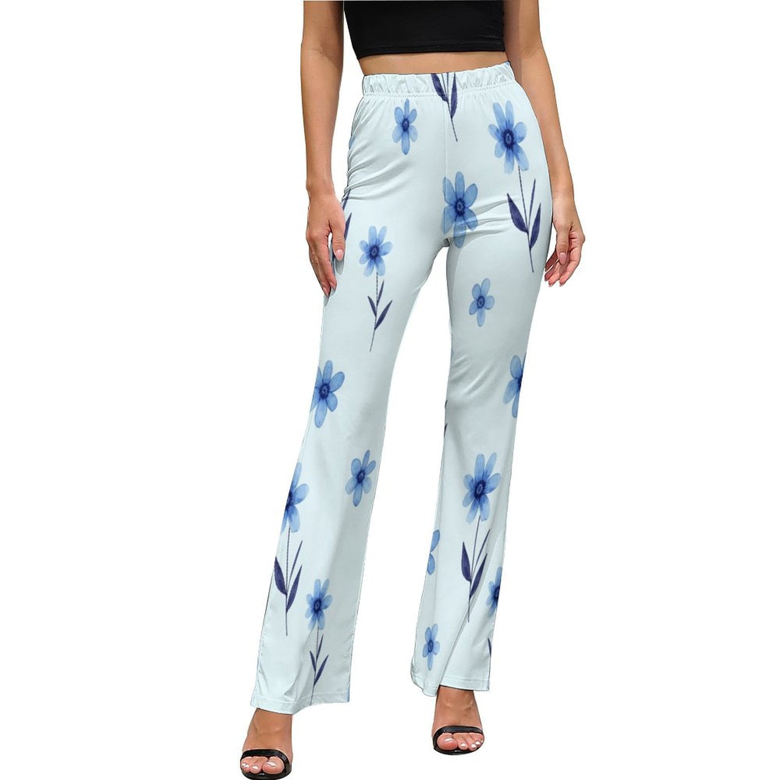 Blue Floral Watercolor Pattern High Waisted Casual Flared Trousers ...