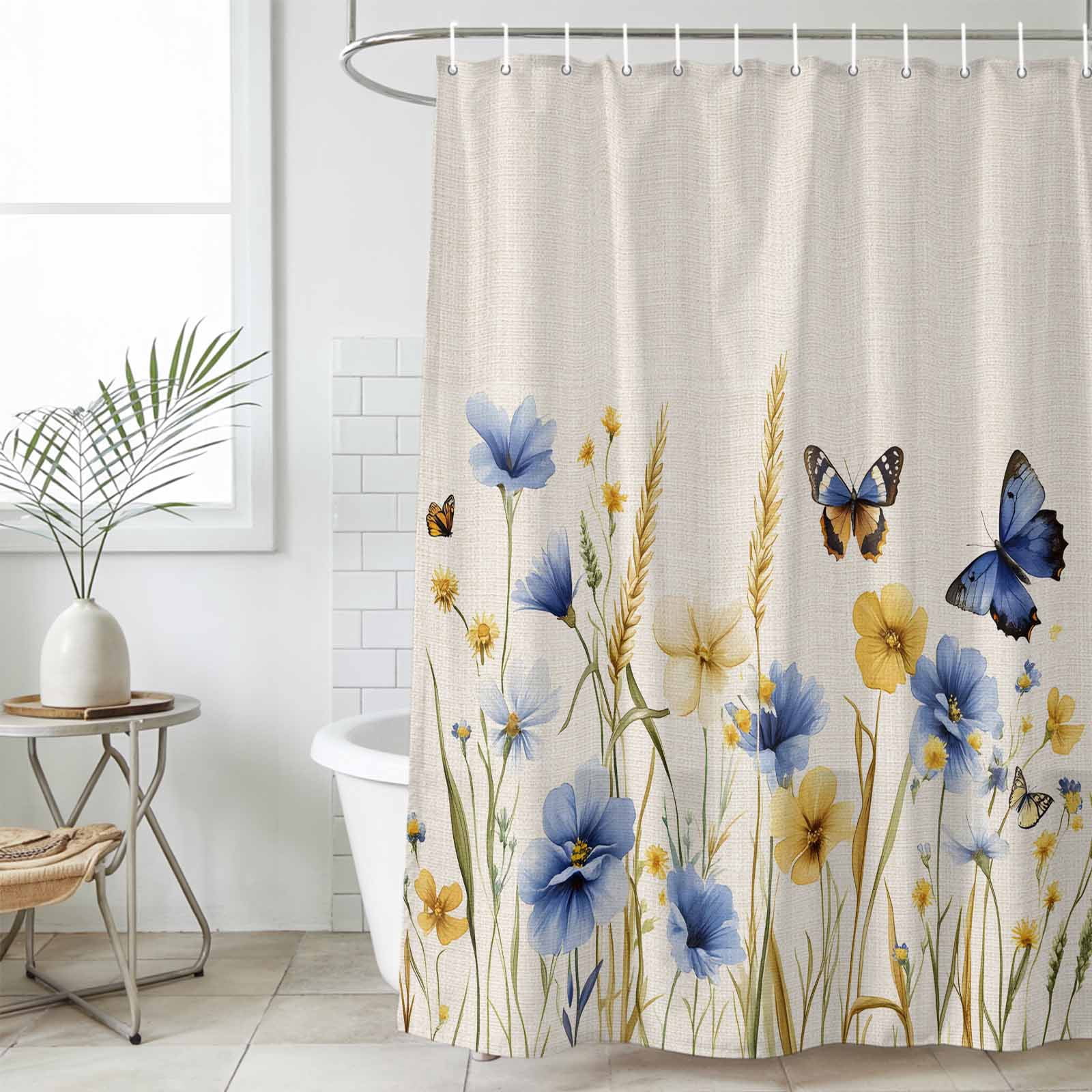 Blue Floral Waterproof Shower Curtain, 48"x72" Washable Polyester ...