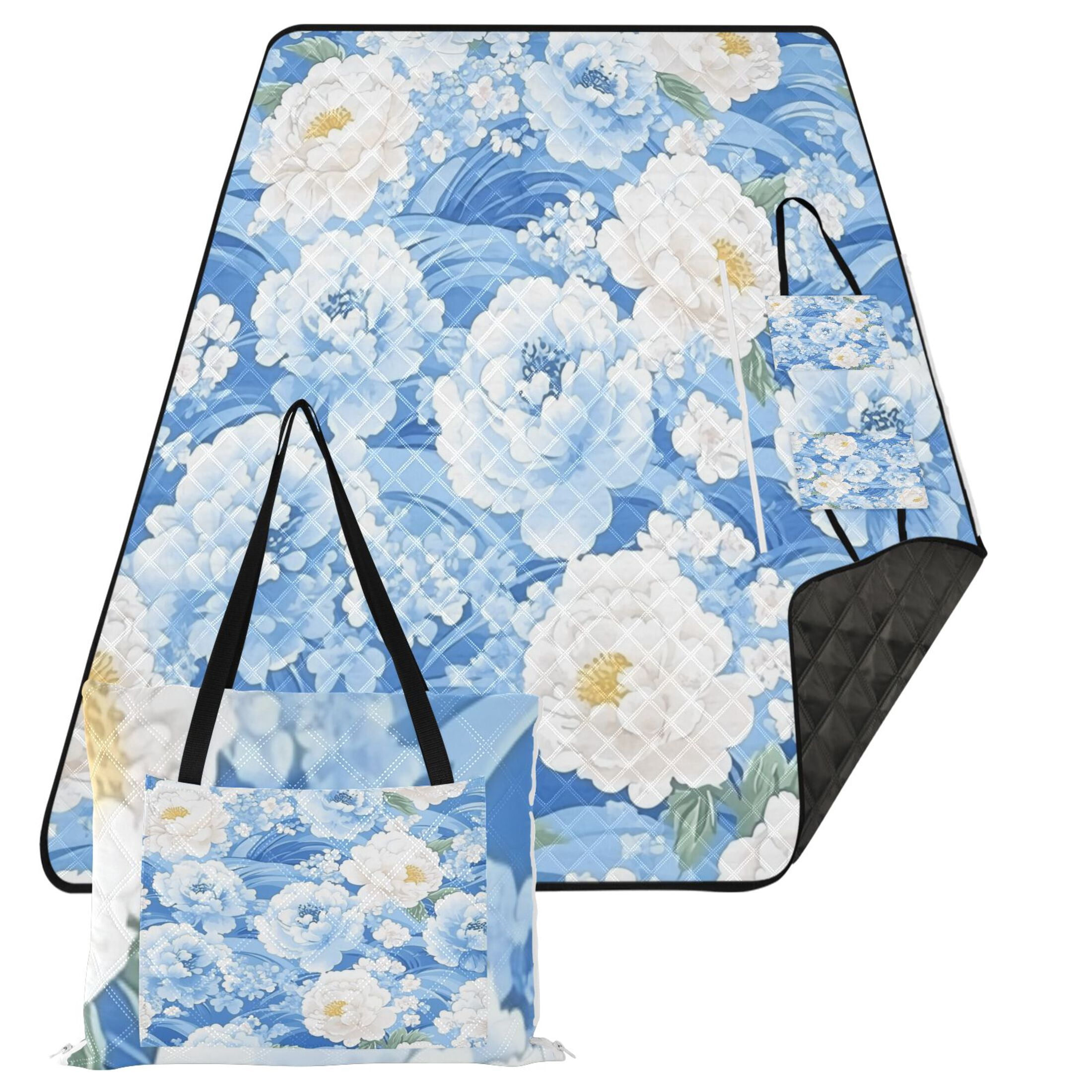 Blue Floral Waves 80x118in Waterproof Camping Blanket, Foldable ...