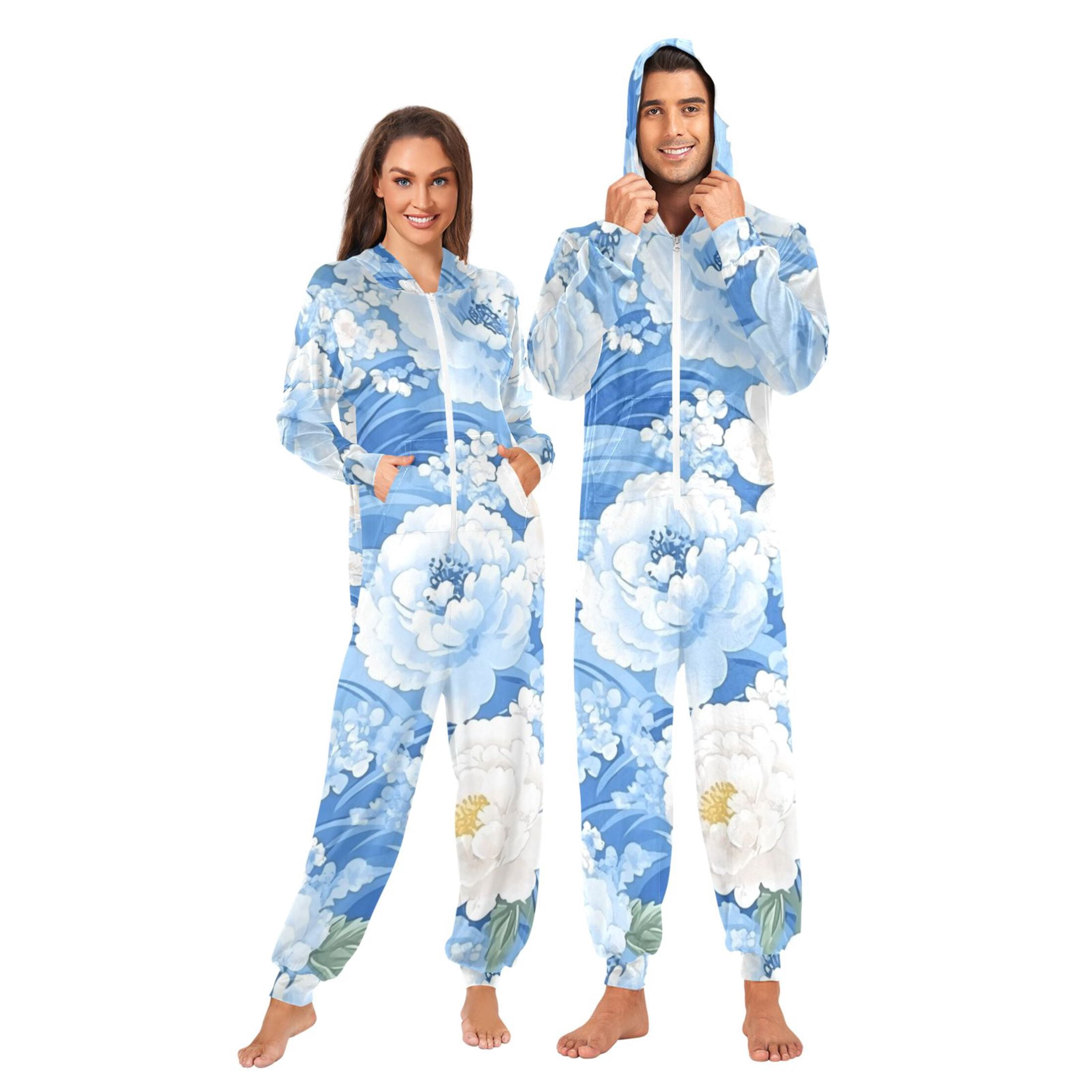 Blue Floral Waves Adult onesie Pajamas, Crystal Velvet Ultra Soft Warm ...