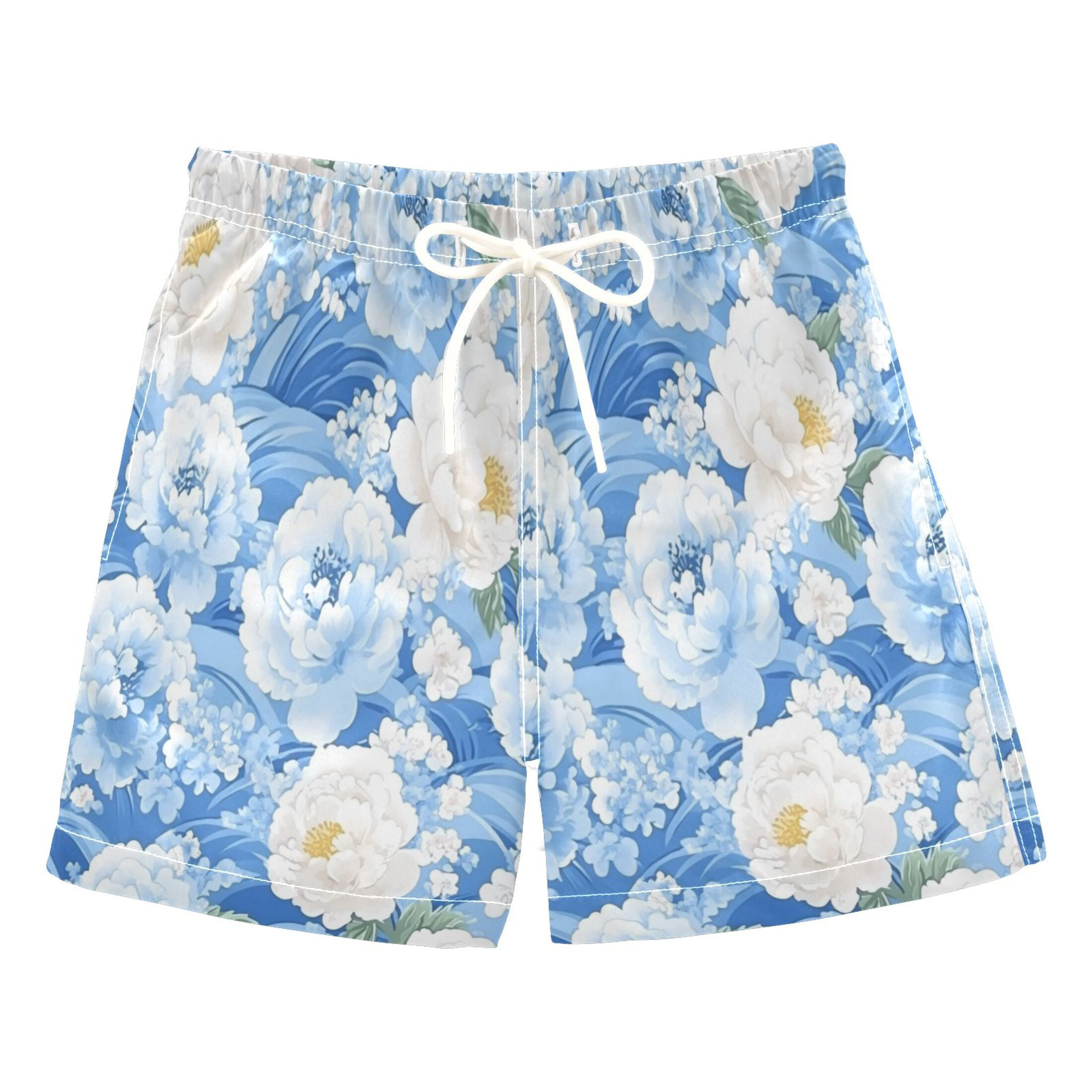 Blue Floral Waves Boys' Swim Trunks Beach Pool Shorts Quick Dry Soft ...