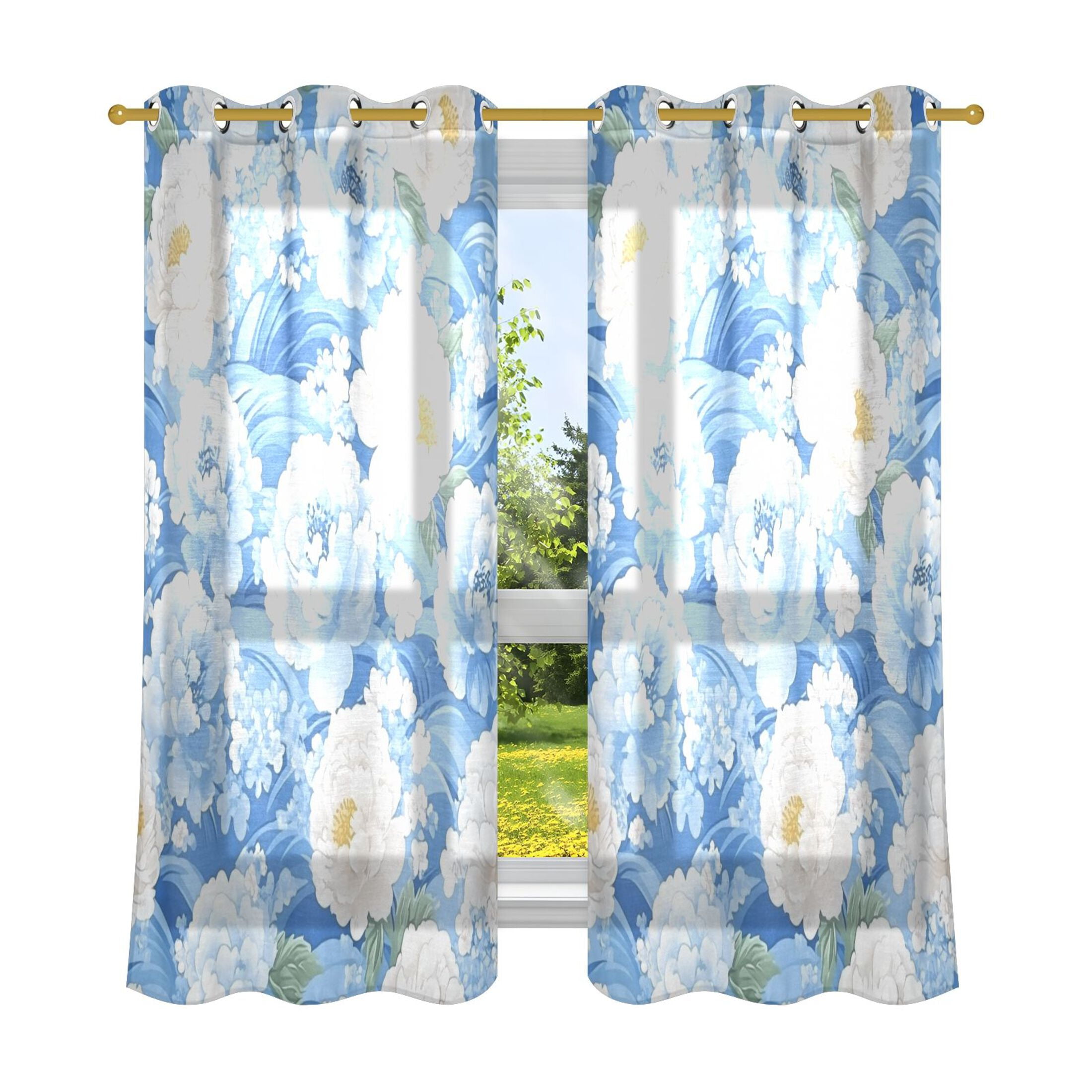 Blue Floral Waves Breathable Sheer Curtains 63x52in Soft Light ...