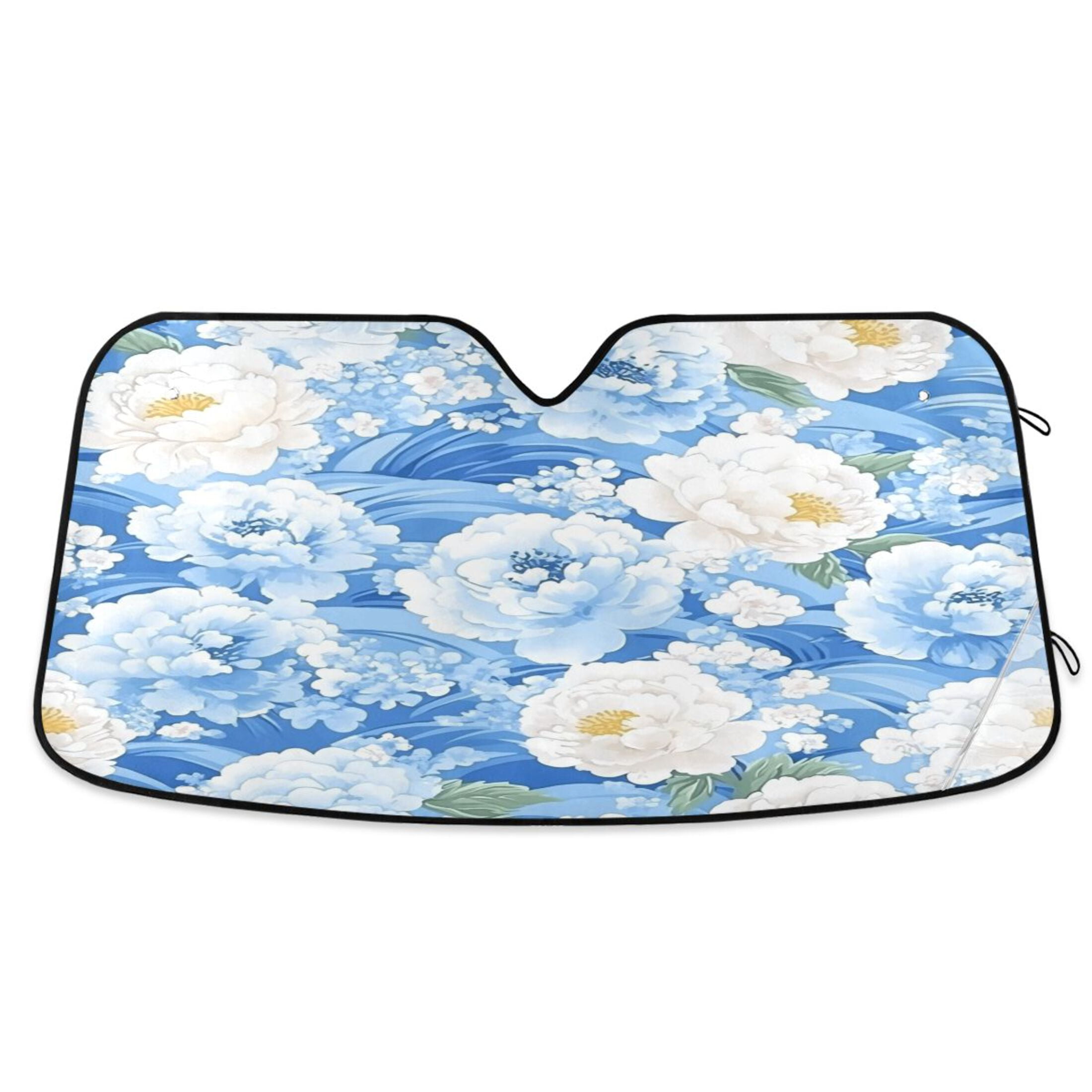 Blue Floral Waves Car Sunshade 53x23.5in Windshield Sunscreen 4 Suction ...