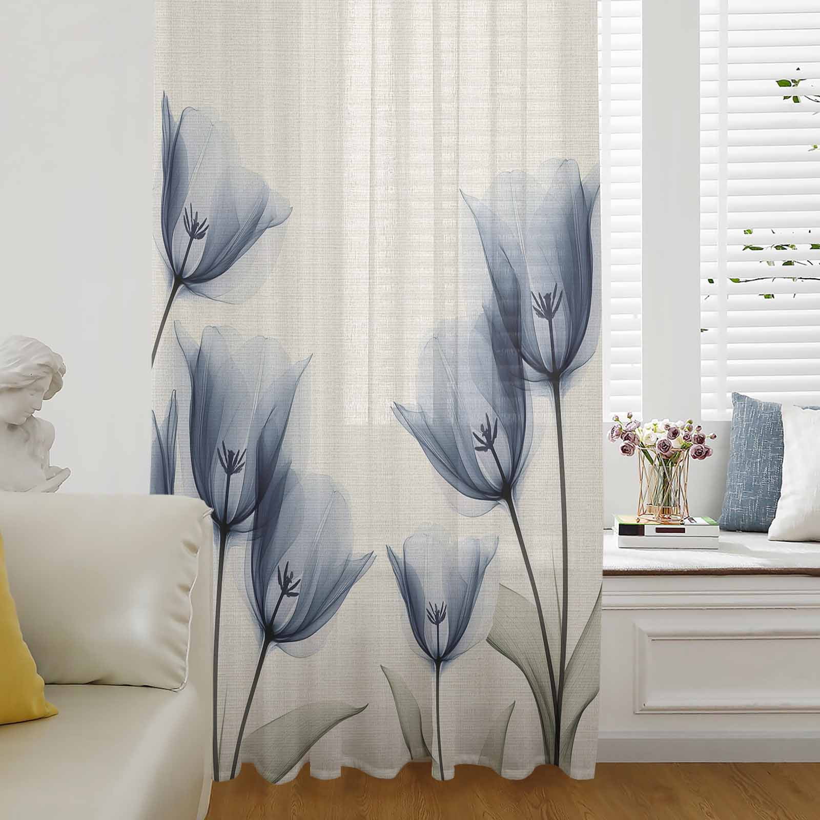 Blue Floral Window Curtain 108 Inches Long,Elegant Tulip Vintage ...