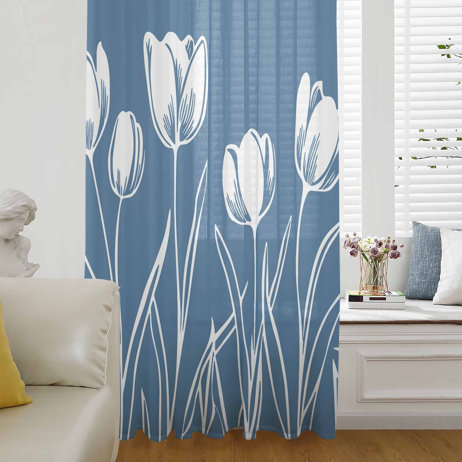 Blue Floral Window Curtain 96 Inches Long,Country Plant Leaf Botanical ...
